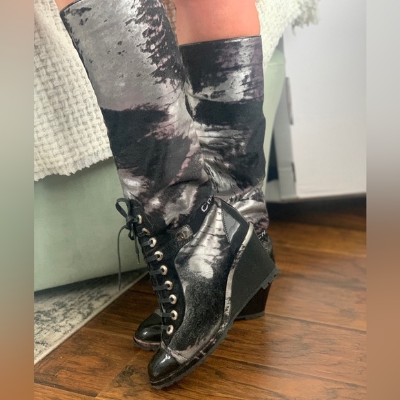 CHANEL | Shoes | Chanel Black And Silver Wedge Pony Skin Boots | Poshmark